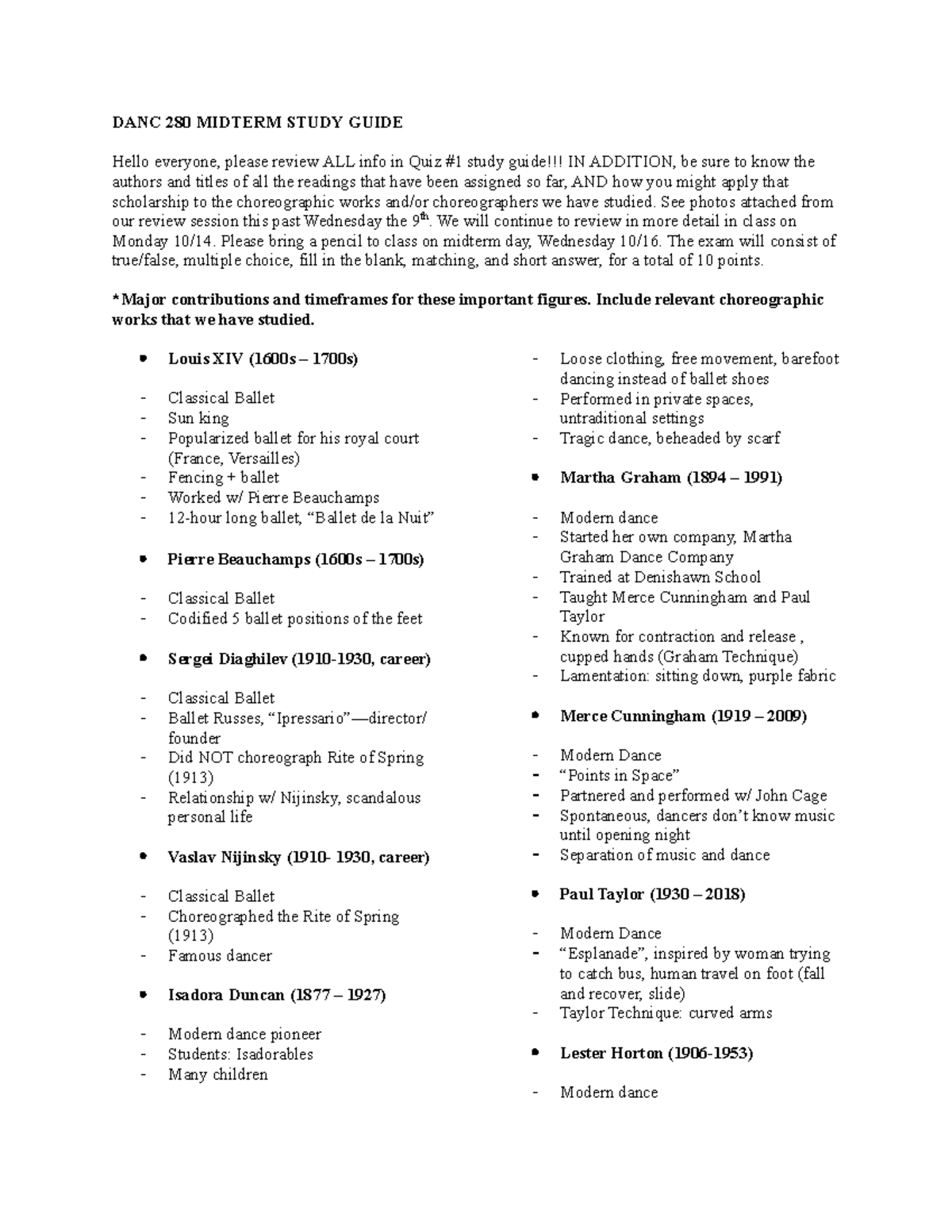DANC 280 Midterm Study Guide - DANC 280 MIDTERM STUDY GUIDE Hello ...