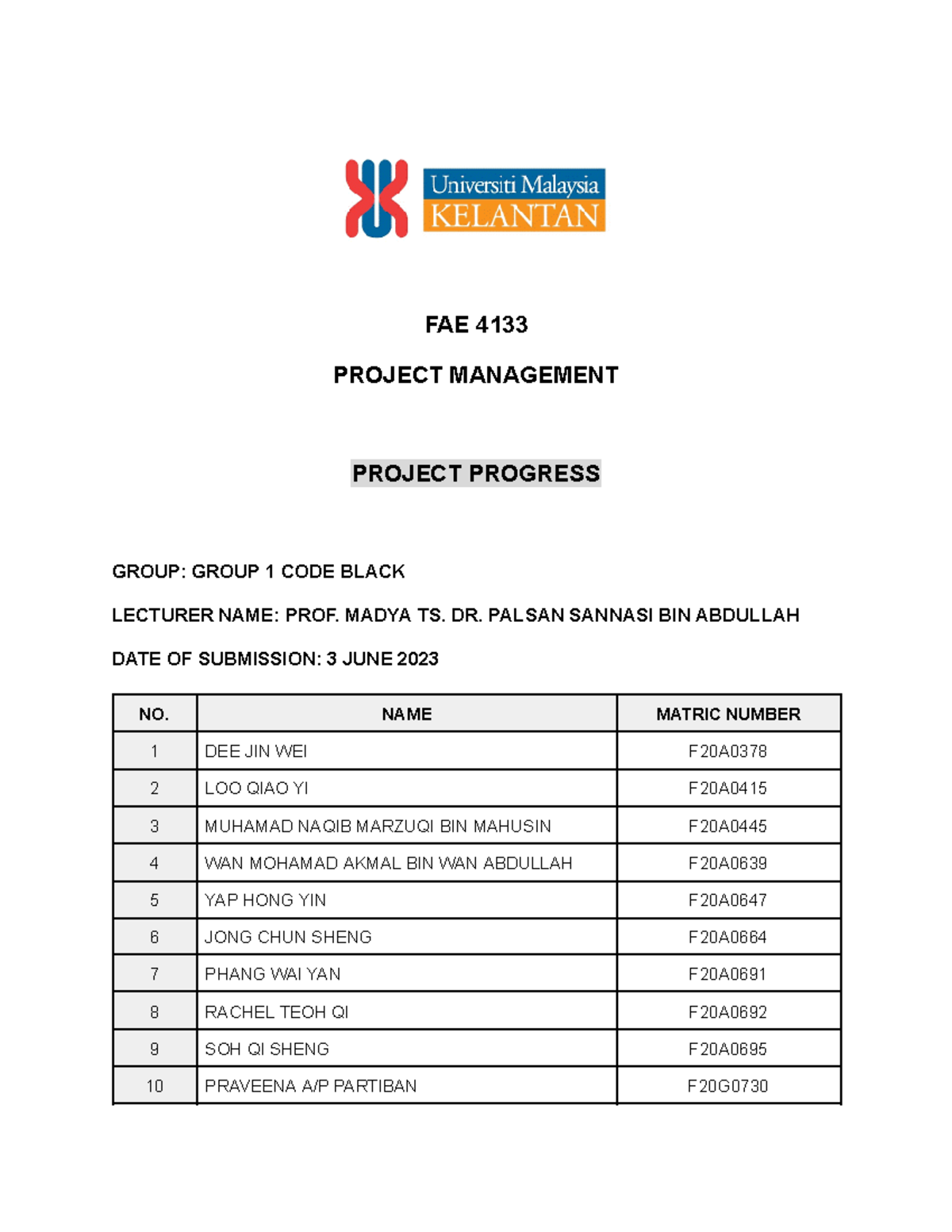 PROG Group 1 CODE Black FAE 4133 - FAE 4133 PROJECT MANAGEMENT PROJECT ...