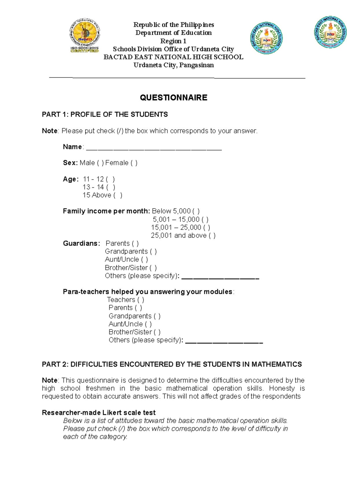Questionnaire - Research - Math for Engineers - PangSU - Studocu