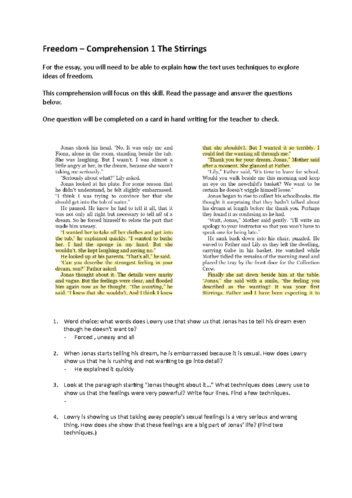 9 Freedom Comprehension Activity - Freedom – Comprehension 1 The ...