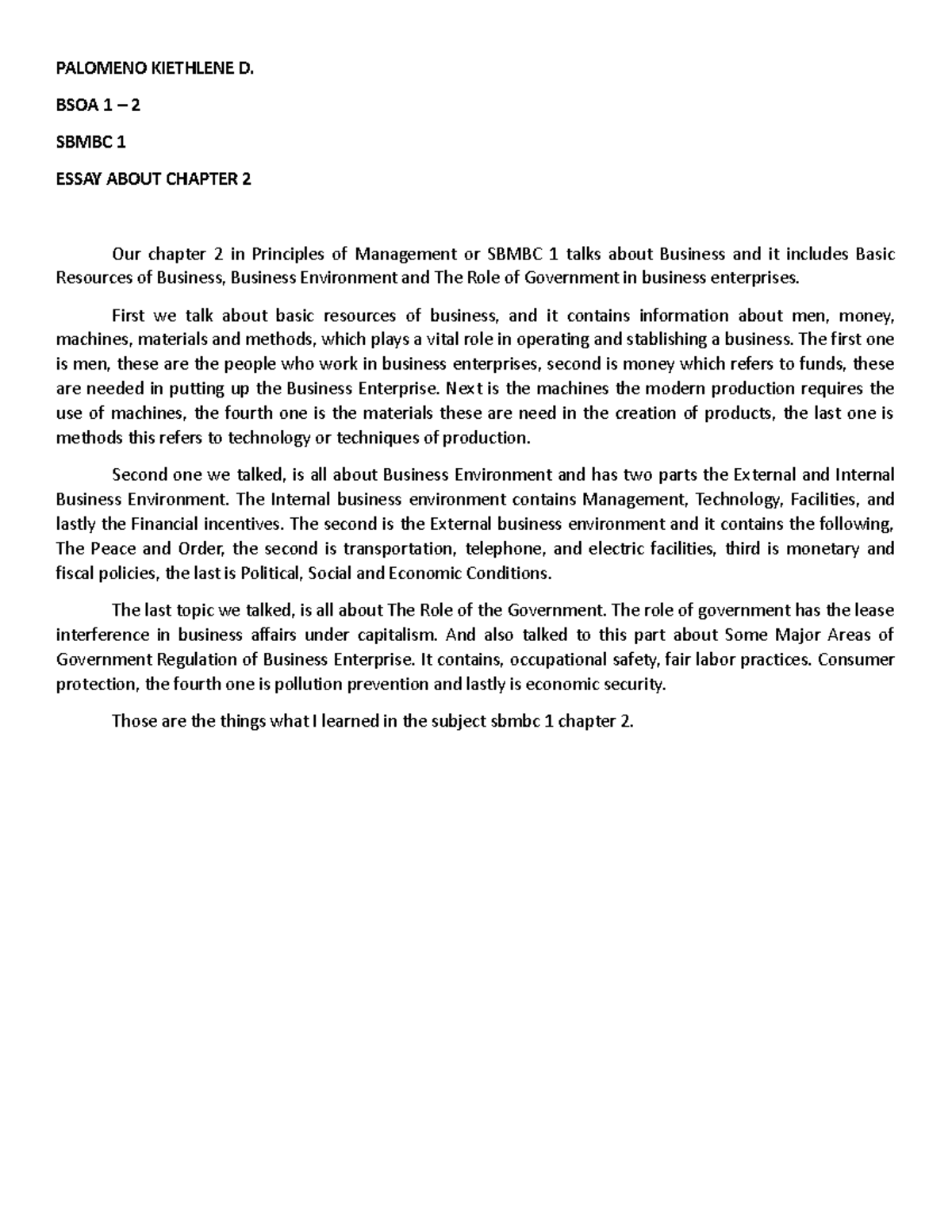 Chapter 2 Sbmbc 1 Essay - PALOMENO KIETHLENE D. BSOA 1 – 2 SBMBC 1 ...