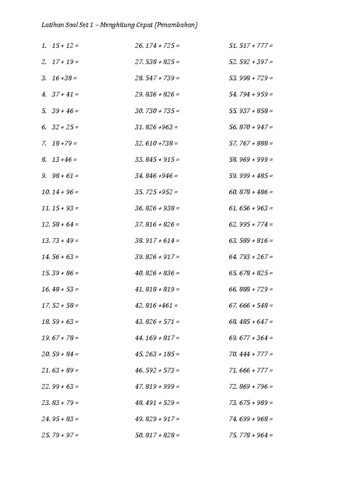 Soal Set 1 - Latihan Hitung Cepat - Soal Set 1 - Latihan Soal Set 1 ...