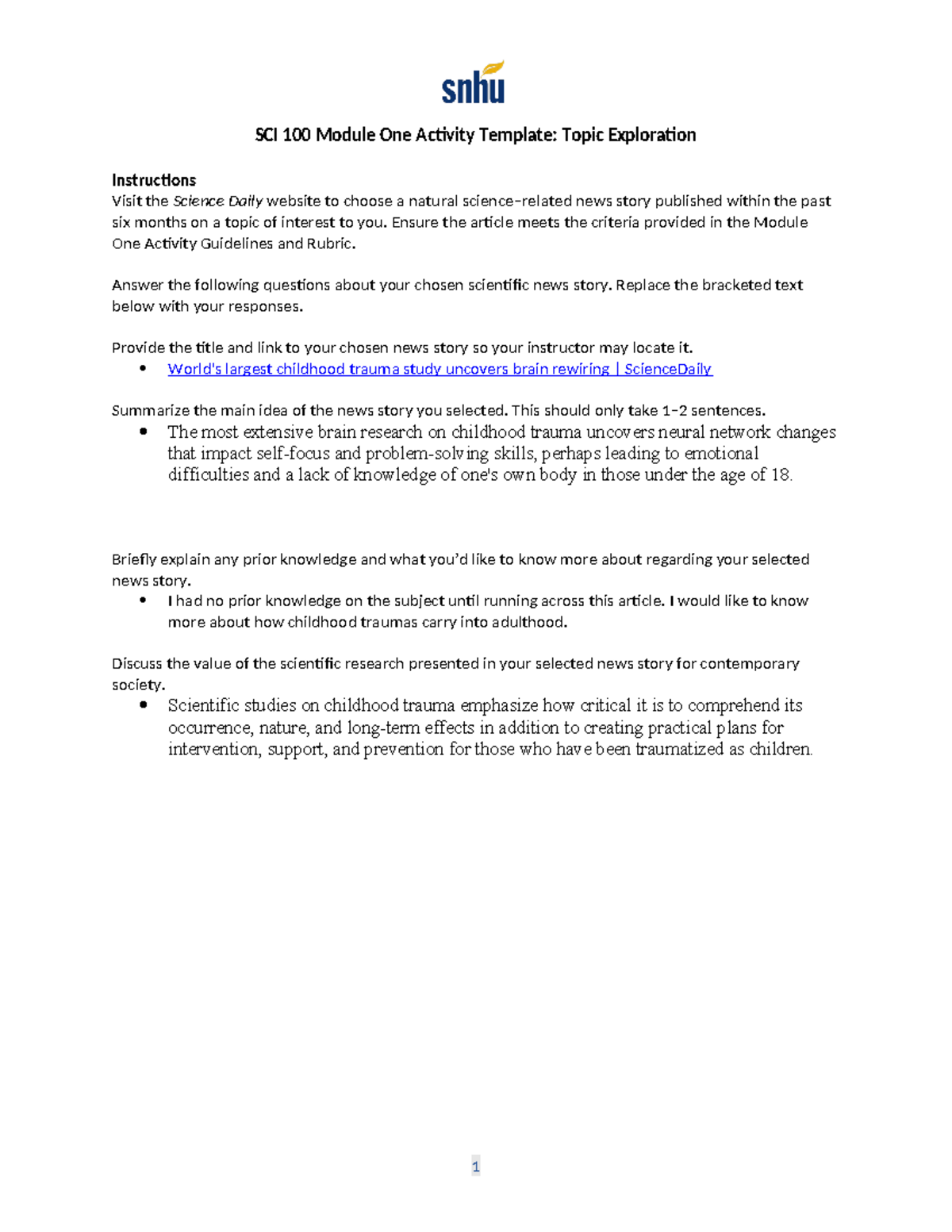 SCI 100 Module One Activity Template - Ensure the article meets the ...