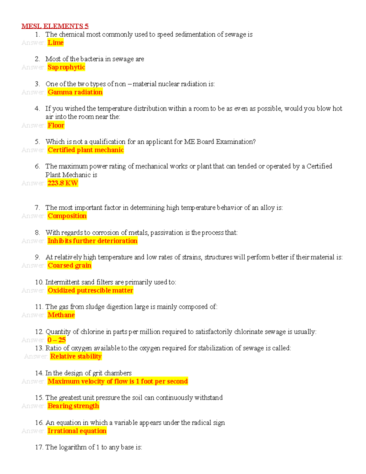 MESL Elements 5 - terms - MESL ELEMENTS 5 The chemical most commonly used to speed sedimentation ...