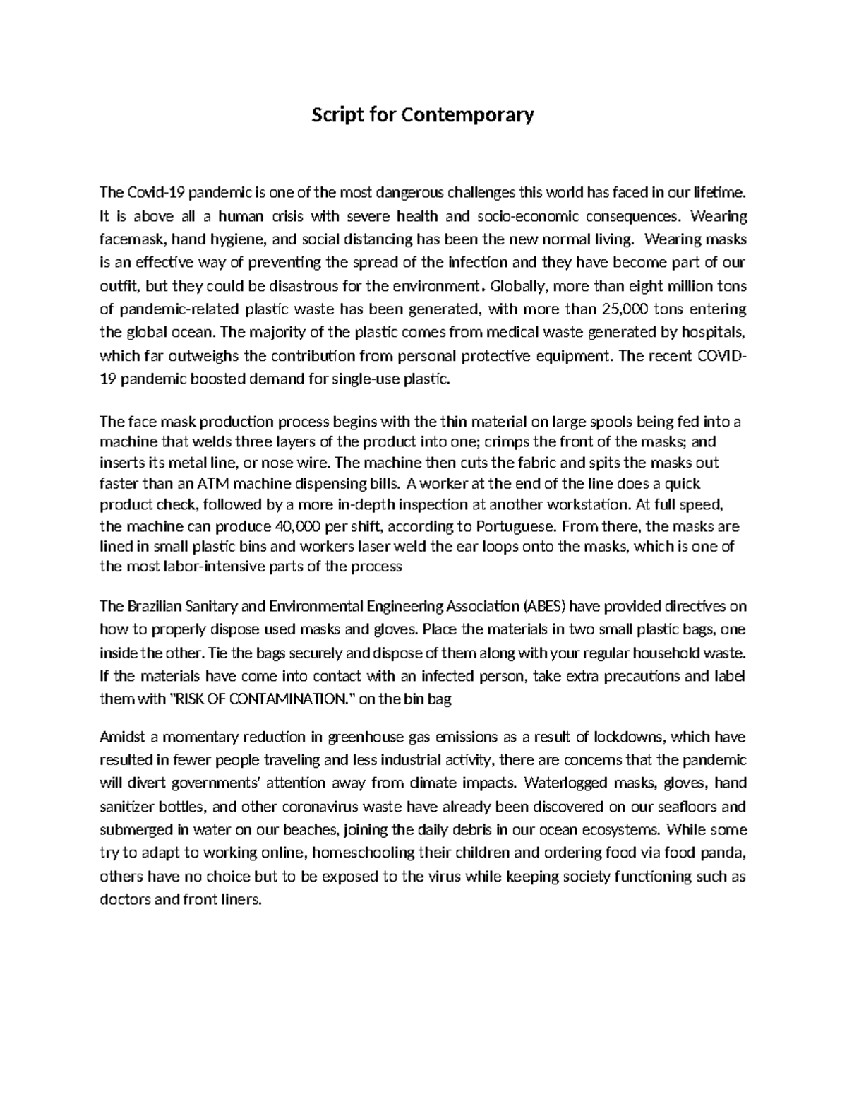 Script - Contemporary - Script for Contemporary The Covid-19 pandemic ...