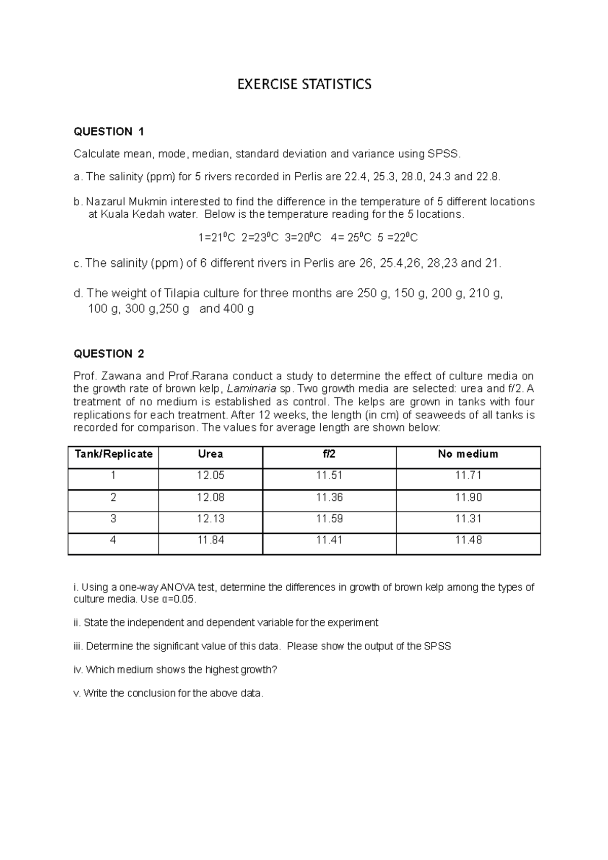 Exercise Statistics - execise - EXERCISE STATISTICS QUESTION 1 ...