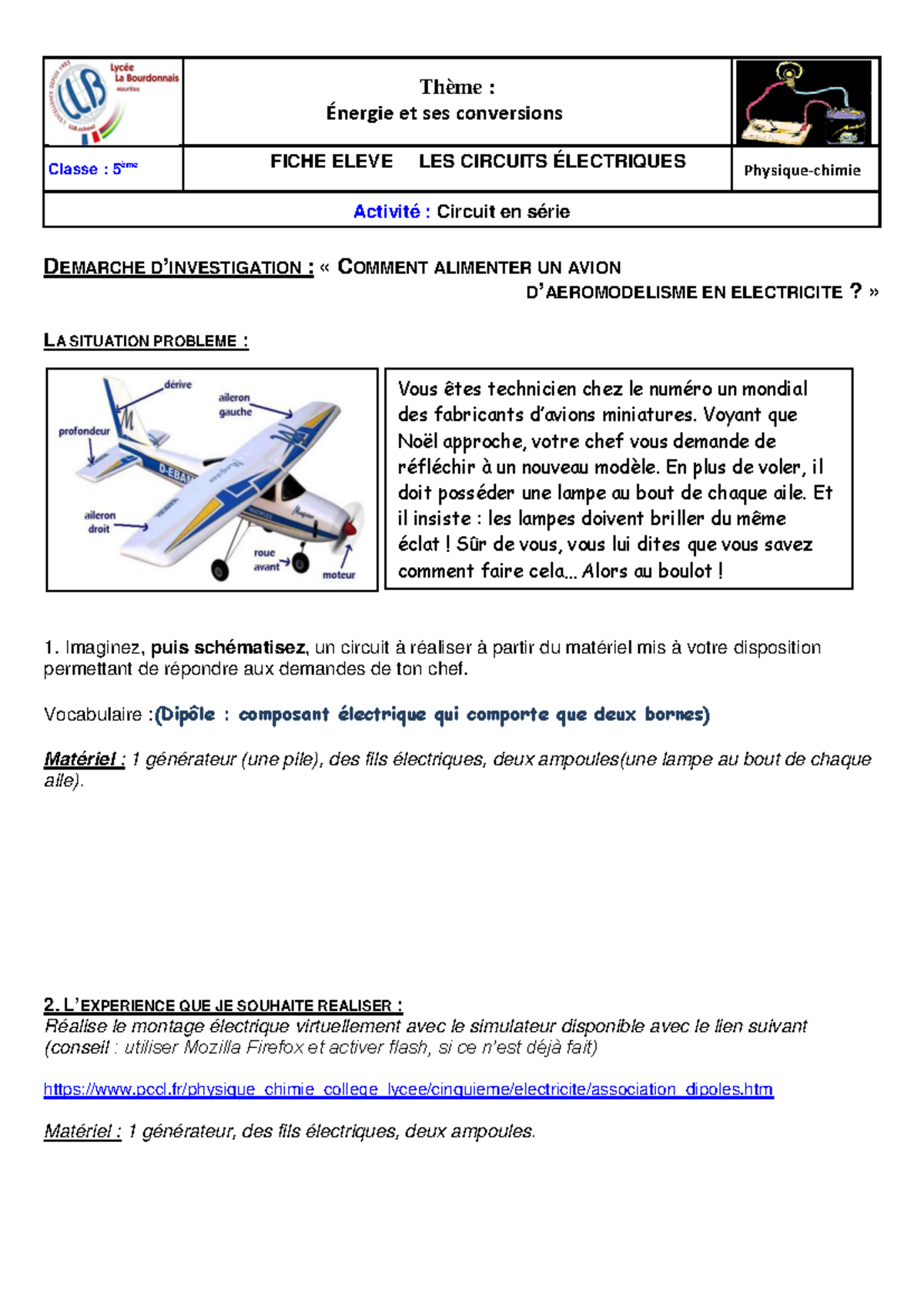 College 5e electricité - Thème : Énergie et ses conversions Classe : 5 ...