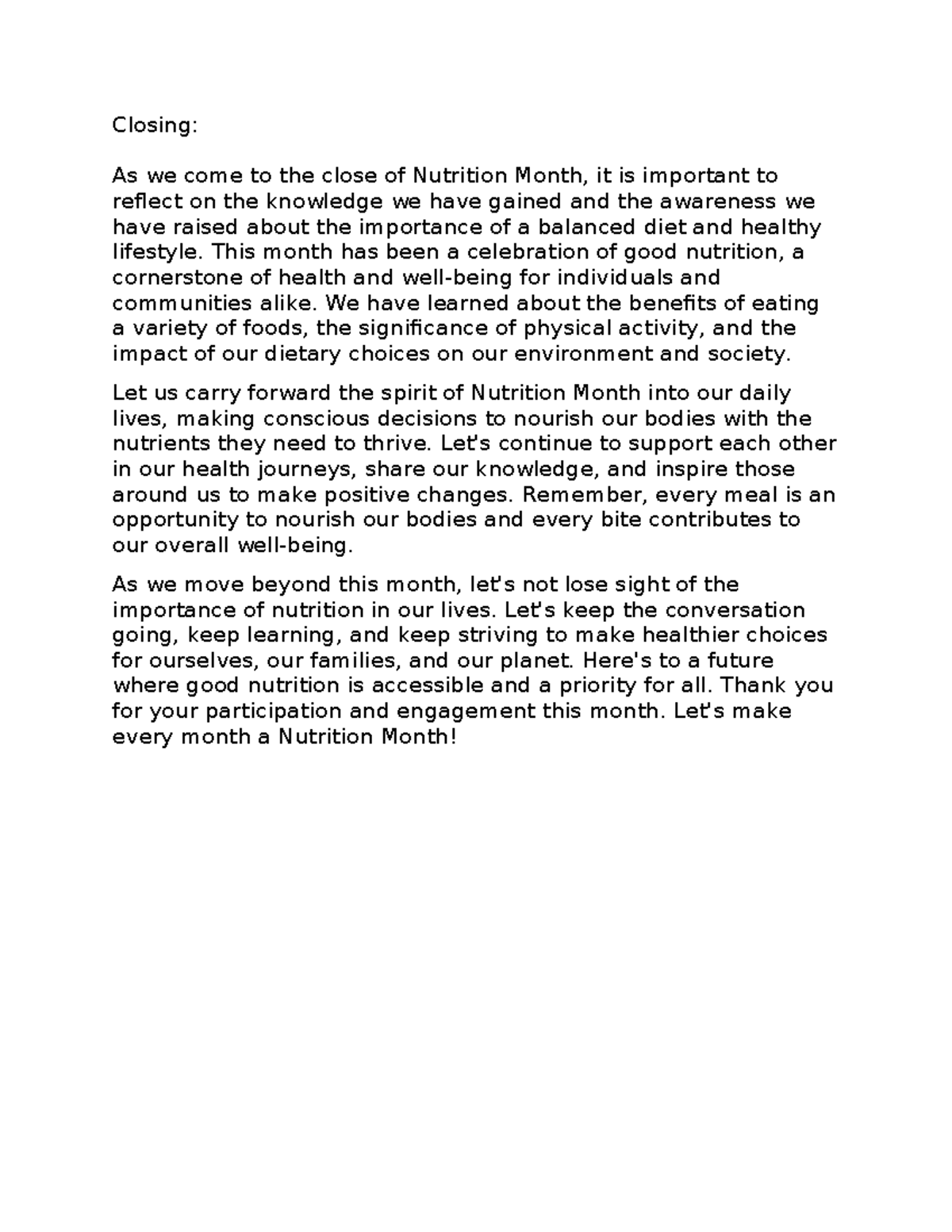 Closing Remarks Nutrition Month - Closing: As we come to the close of ...