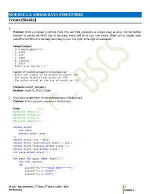 CS 028 Module 1 Pursue - CS 028 – Data Structures, 2 nd Term, 2nd Sem ...