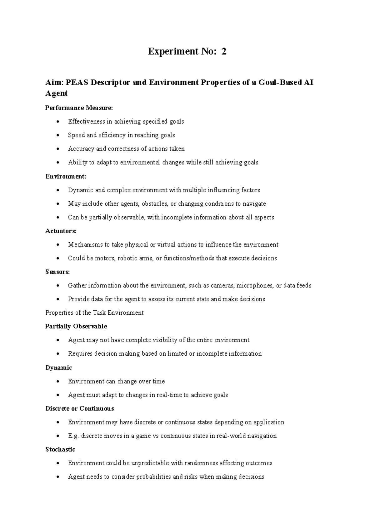 Exp2 - Artificial intelligence - Experiment No: 2 Aim: PEAS Descriptor and Environment ...