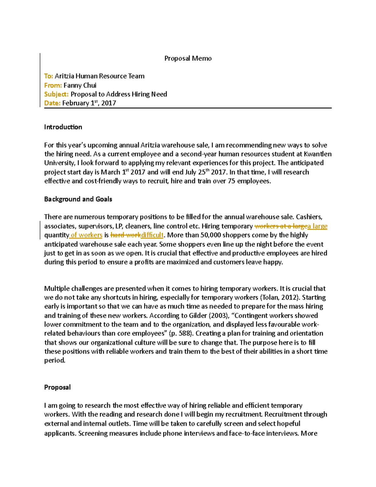 Project Memo - Prof. Darren Francis - Proposal Memo To: Aritzia Human ...