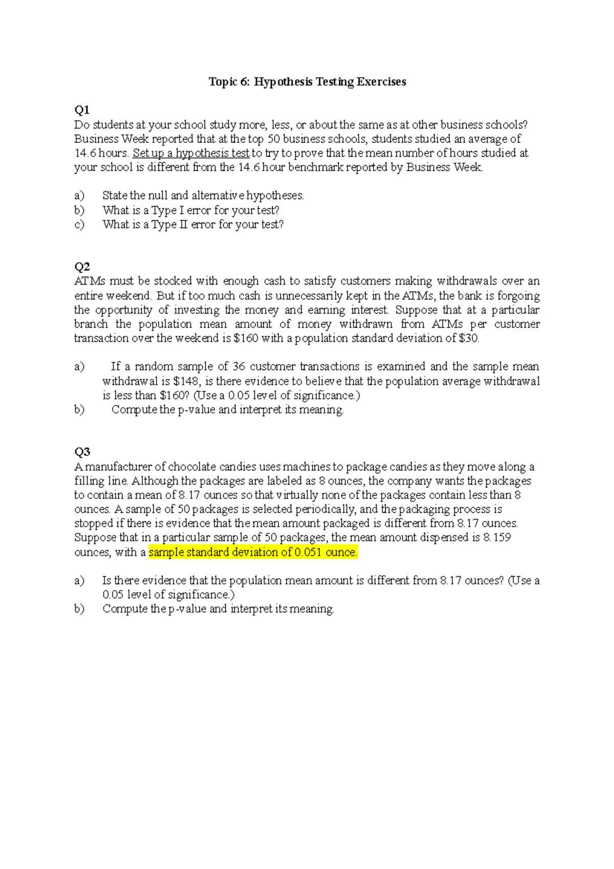 Topic 6 Questions - Hypothesis Testing - Topic 6: Hypothesis Testing ...