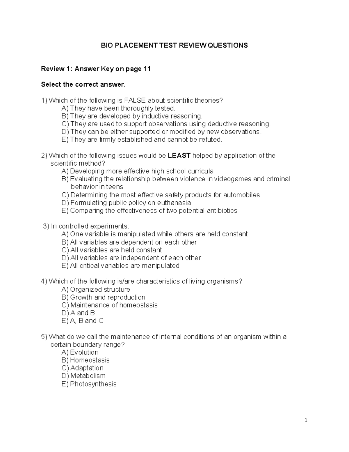 Biology-placement-test BIOLOGY QUIZ - Biology 1 - MSU Main - Studocu