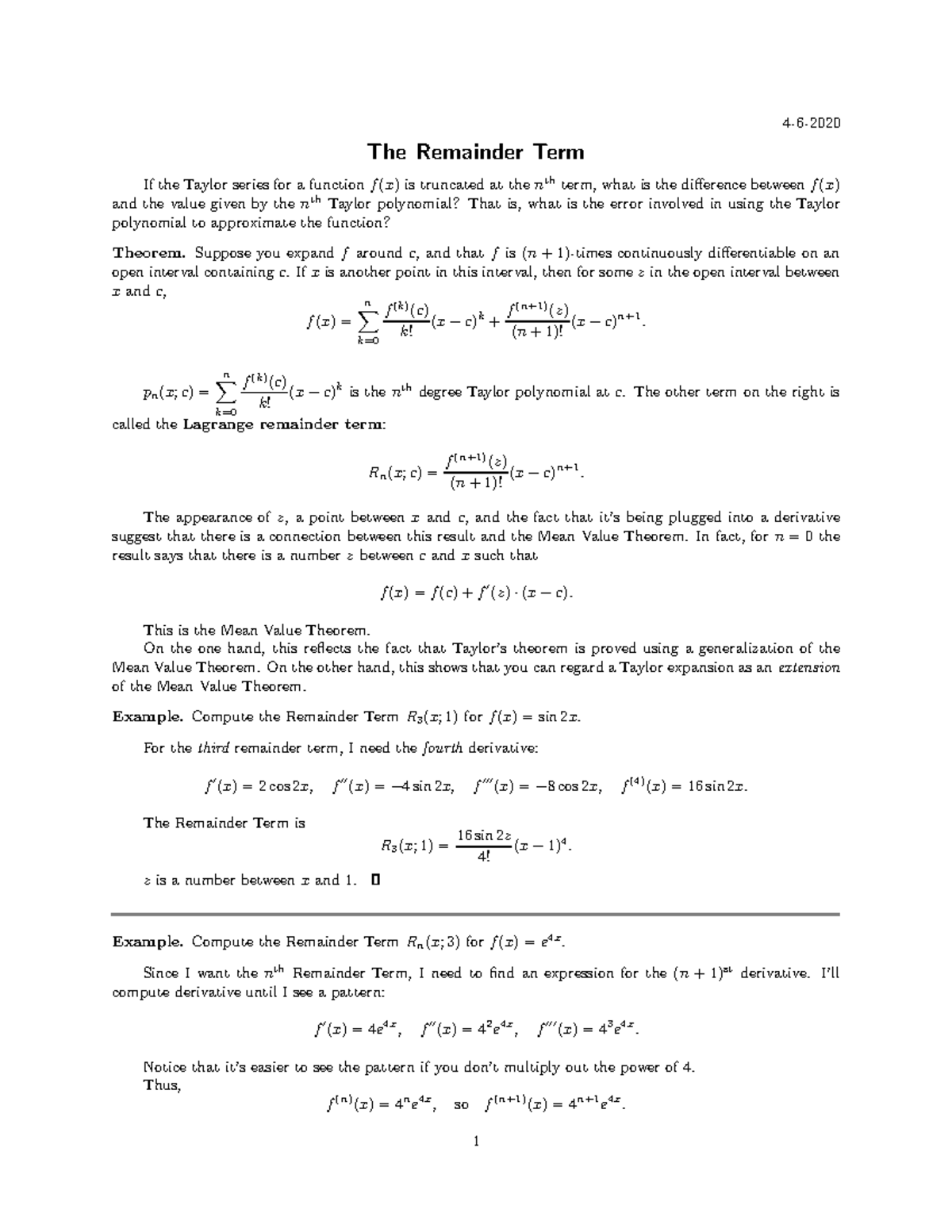 Remainder-term - Remainder-term - 4-6- The Remainder Term If the Taylor ...
