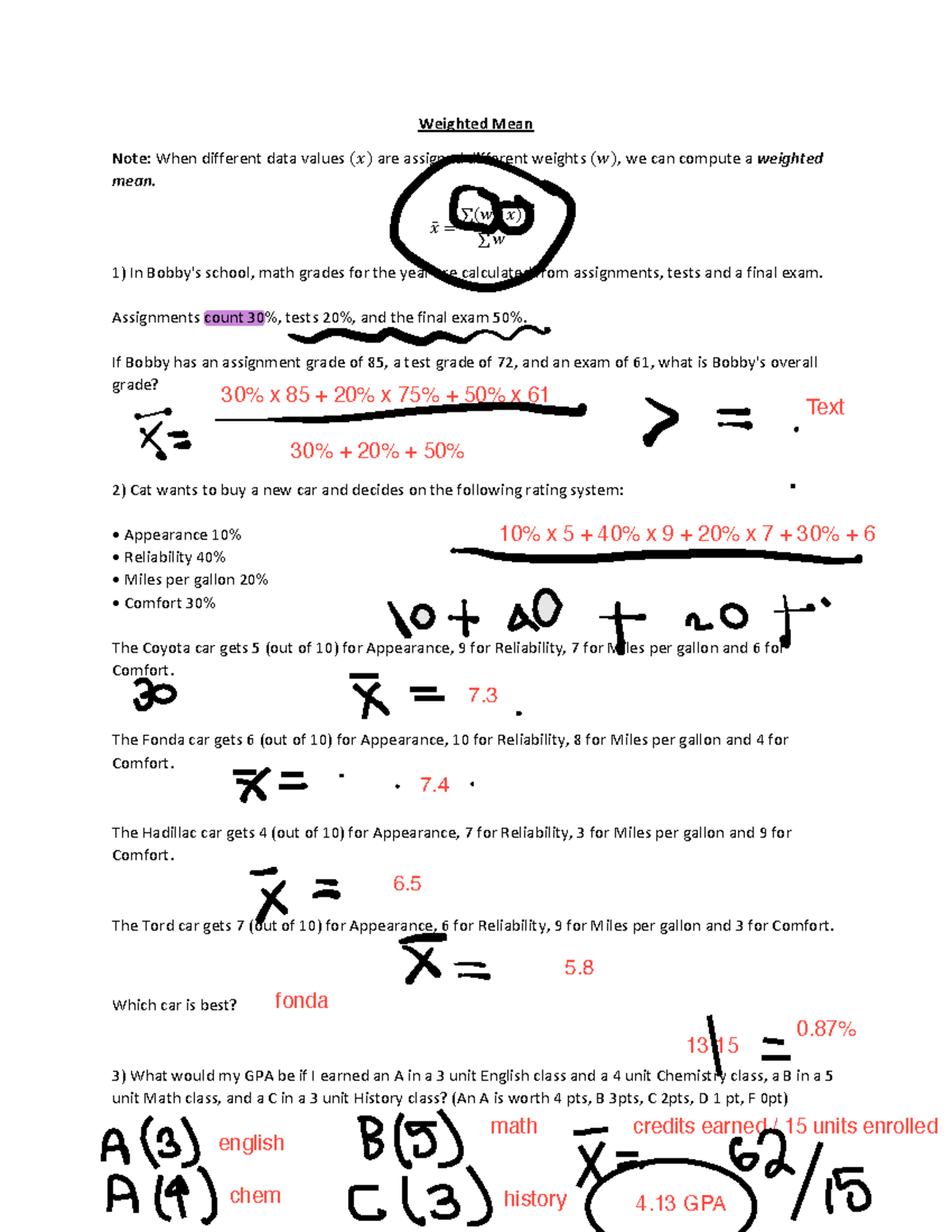 Weighted Mean Notes - Weighted Mean Note: When different data values (𝑥 ...