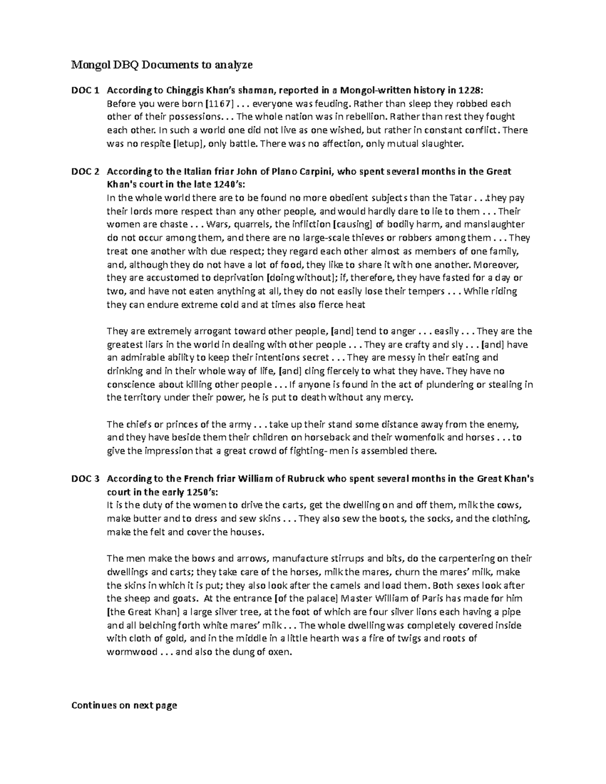 2.2 Mongol documents 1-5 - Mongol DBQ Documents to analyze DOC 1 According to Chinggis Khan’s ...