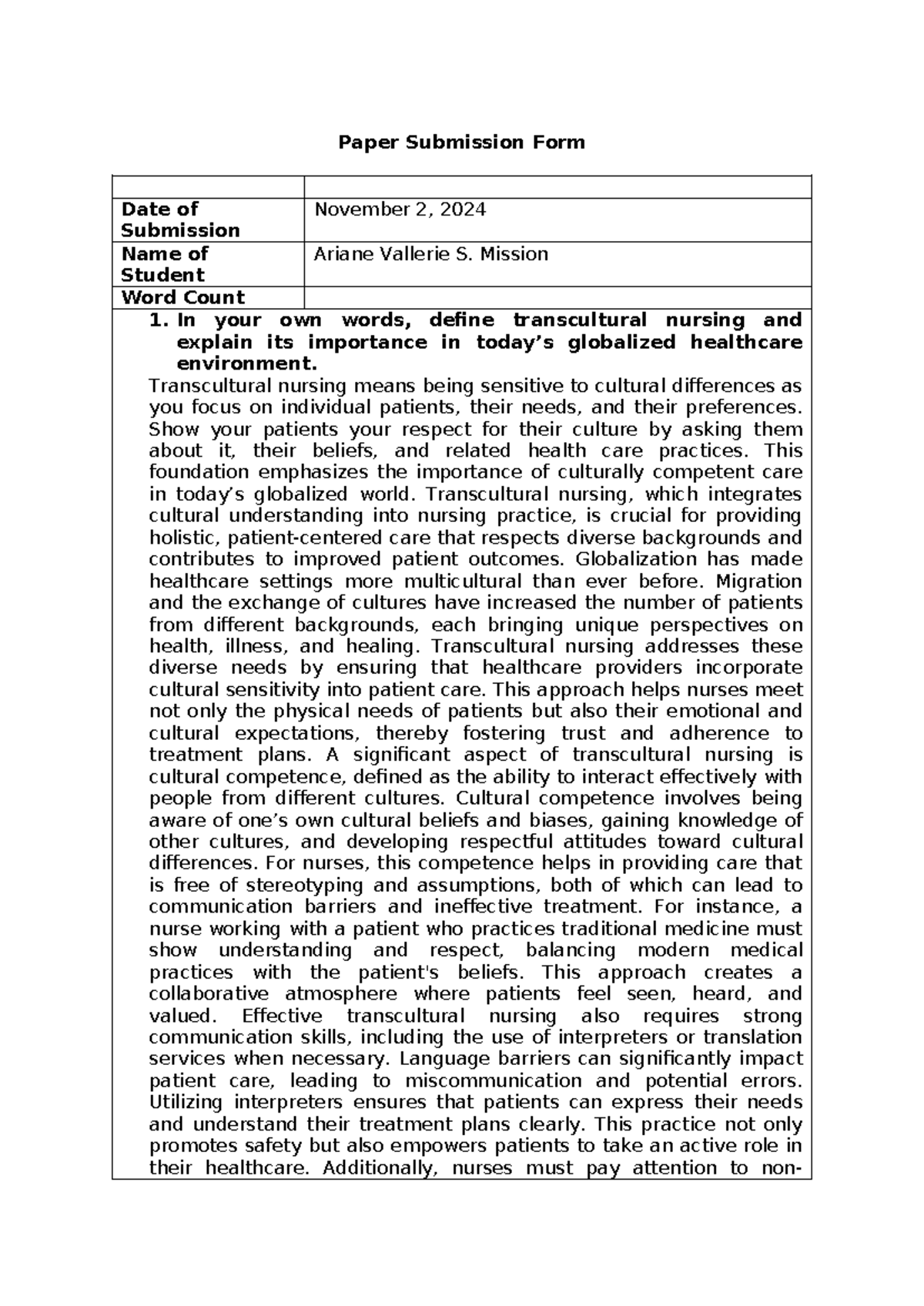 Essay-NCM-120 - ... - Paper Submission Form Date of Submission November ...