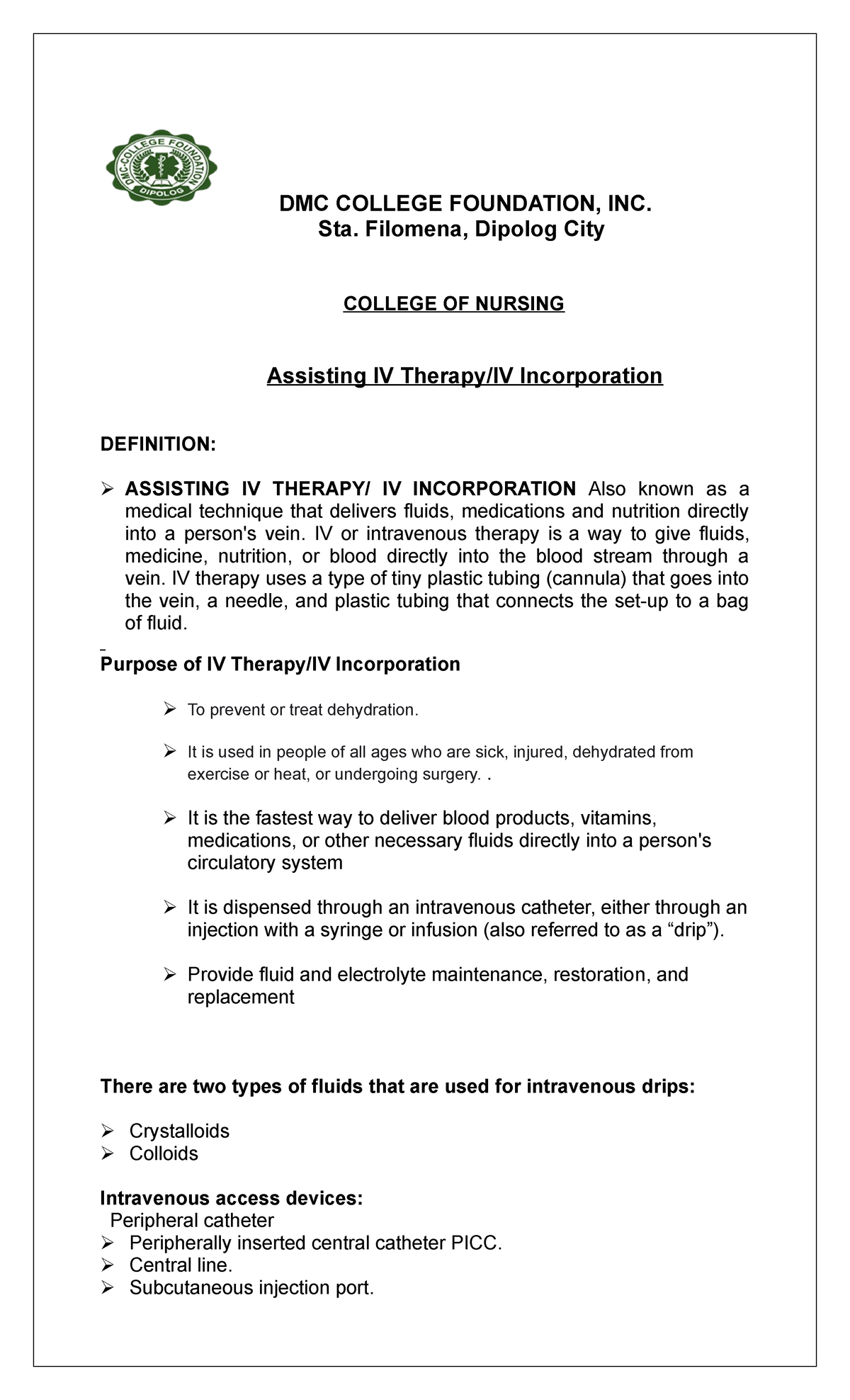 Nursing Notes- Moywela Final - DMC COLLEGE FOUNDATION, INC. Sta ...