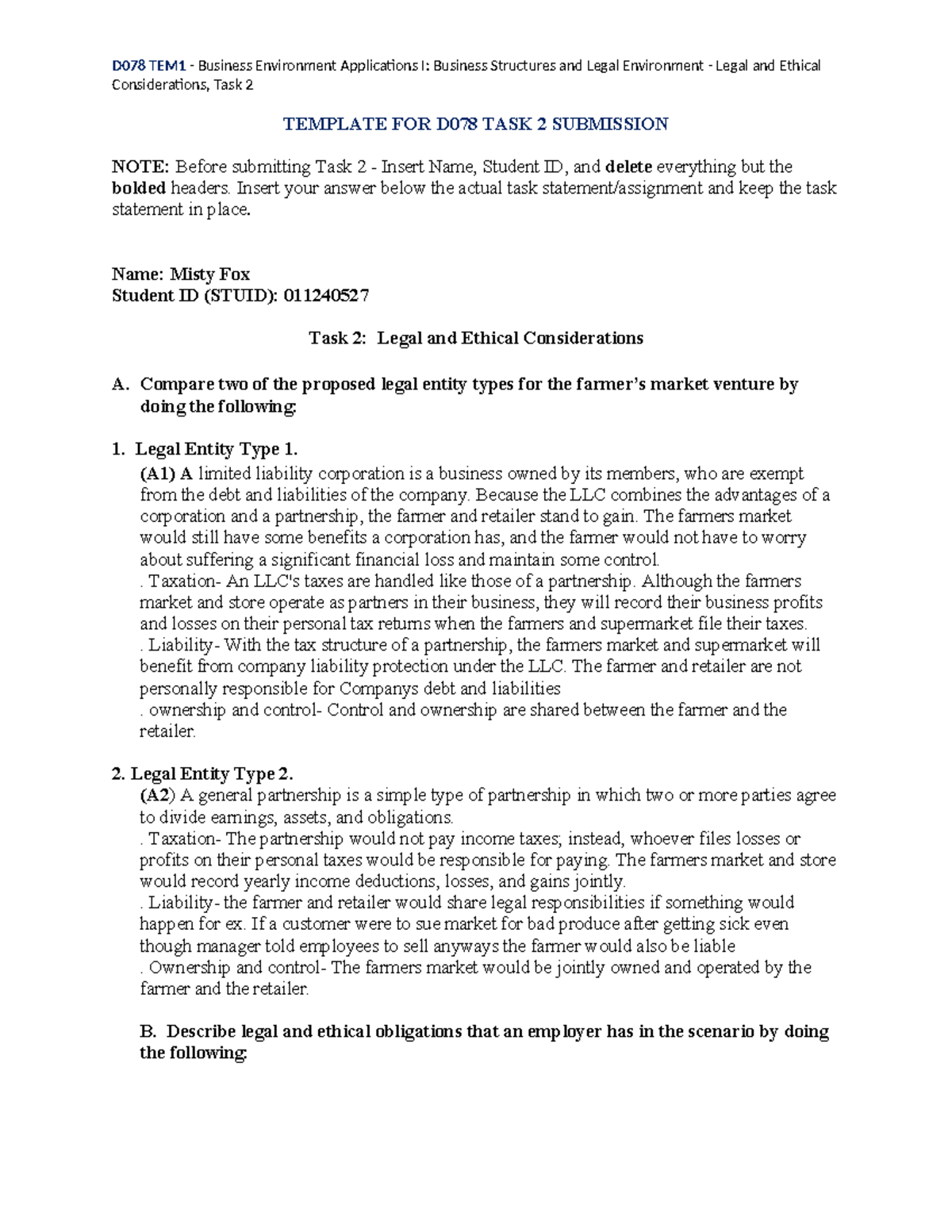 Task 2 ethical - marketing application - D078 TEM1 - Business ...
