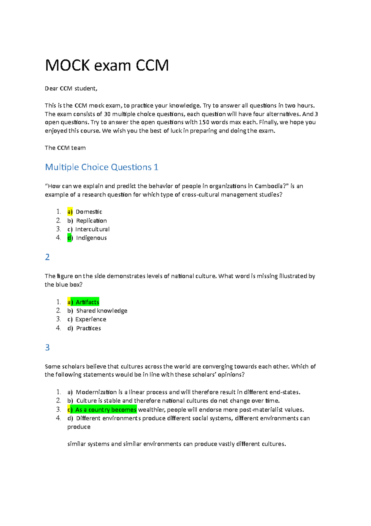 MOCK exam Cross cultural management - MOCK exam CCM Dear CCM student ...