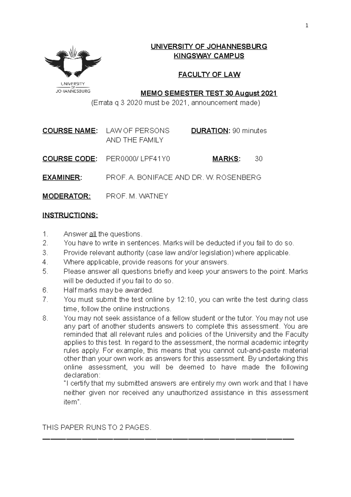 Memo Semester test Family Law August 20211 - UNIVERSITY OF JOHANNESBURG ...