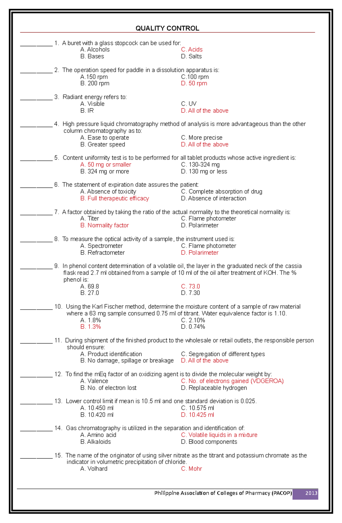 Quality Control BLUE Pacop Answer KEY - __________ 1. A buret with a ...