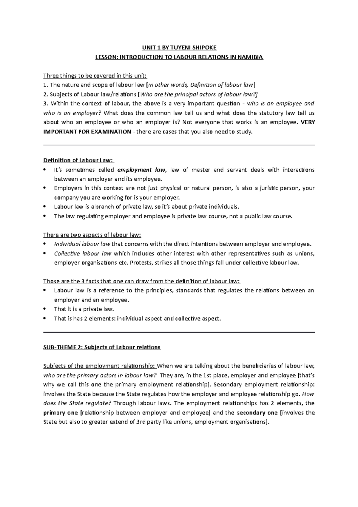 My notes - Introduction to labour relations - Lesson 1 - UNIT 1 BY ...