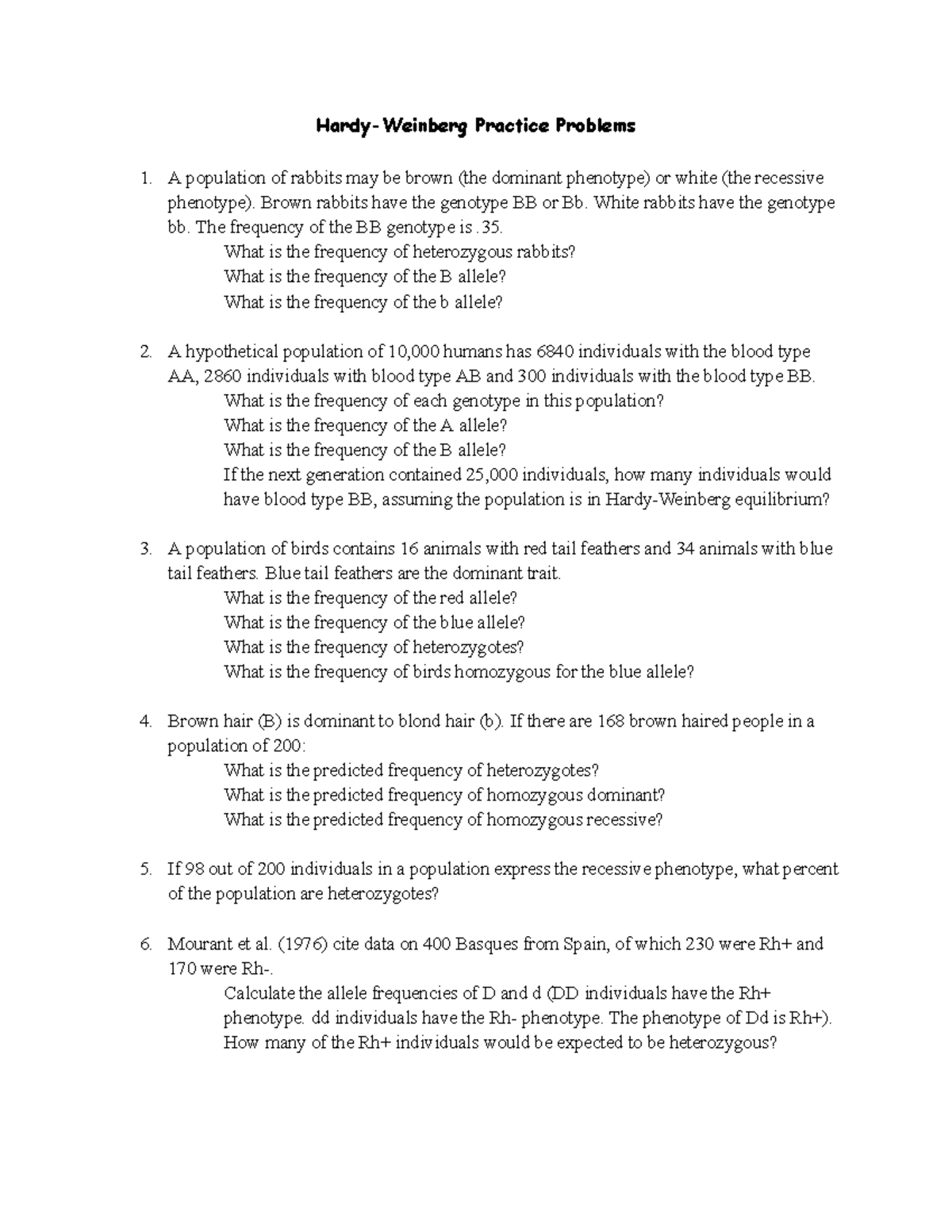 Hardy-Weinberg Practice Problems - Brown rabbits have the genotype BB ...