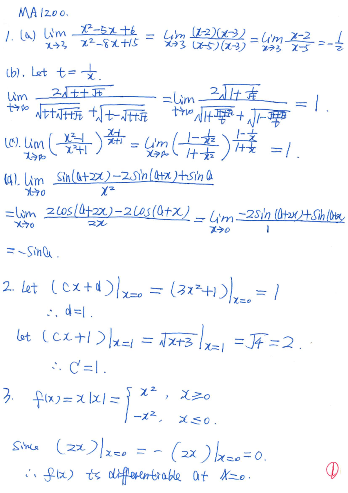 Solutions Assignment 03-1-1 - MA1200. 1.(a) lim Lim lim (b) , Let lim ...
