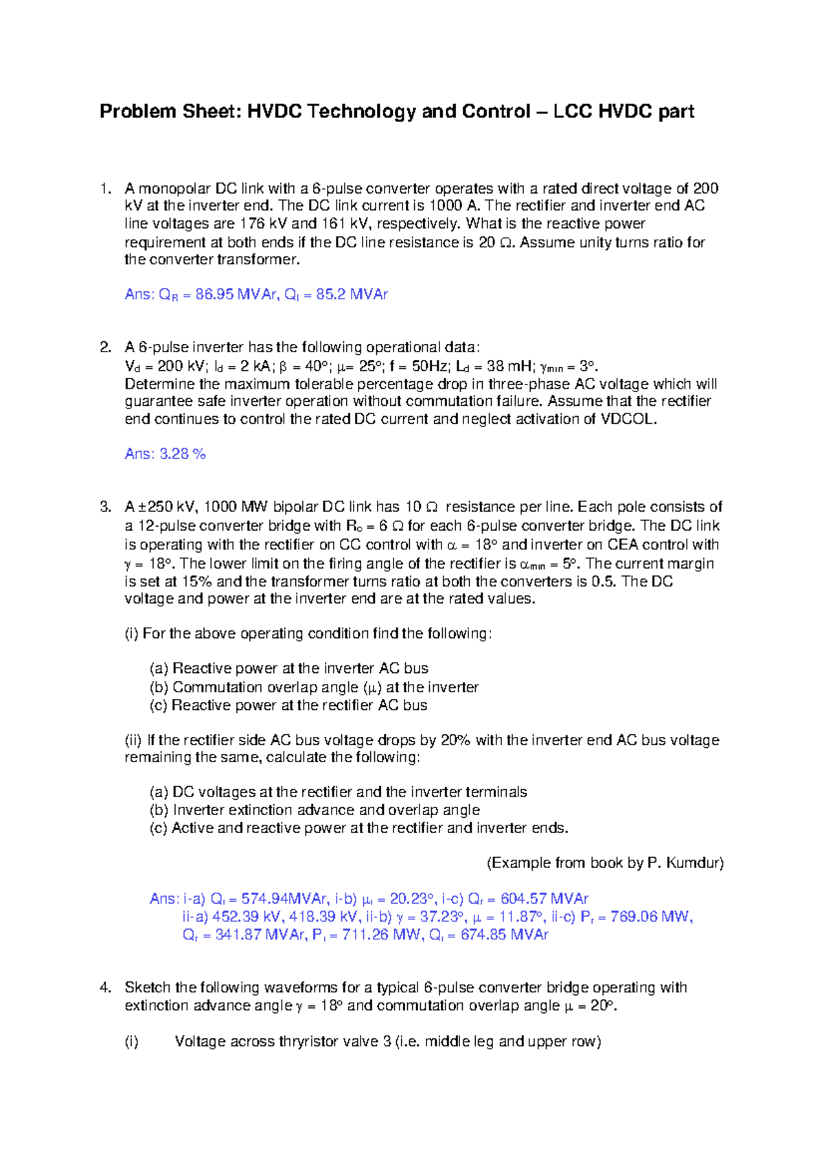 Problem Sheet - The DC link current is 1000 A. The rectifier and ...