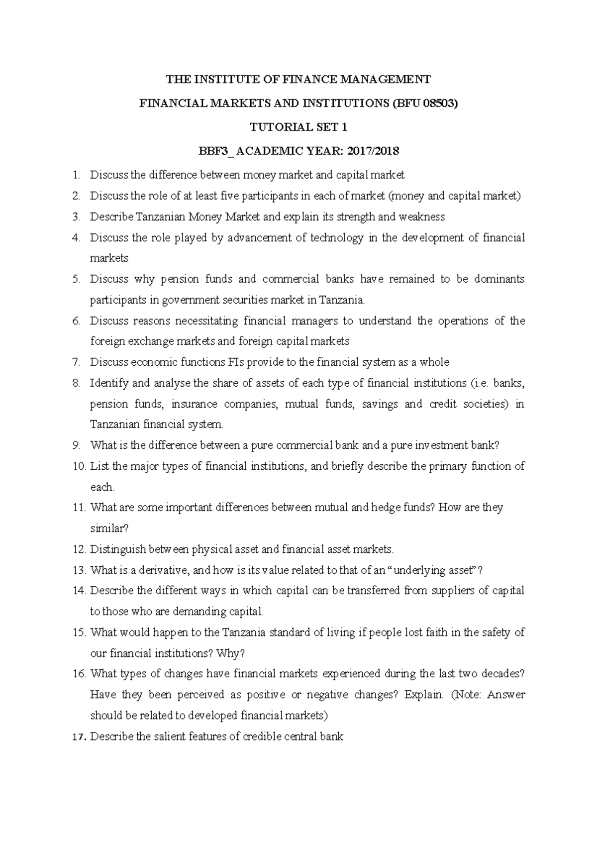 Tutorial Questions SET ONE - THE INSTITUTE OF FINANCE MANAGEMENT ...