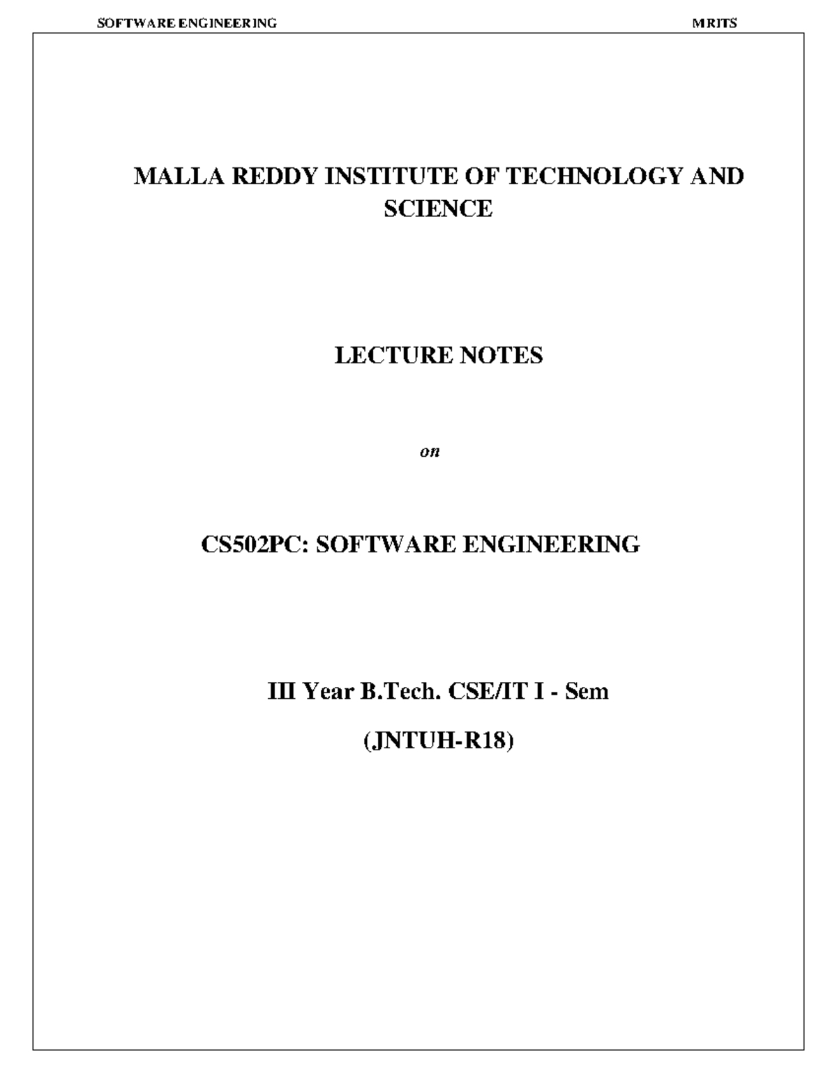 SE Notes - MALLA REDDY INSTITUTE OF TECHNOLOGY AND SCIENCE LECTURE ...