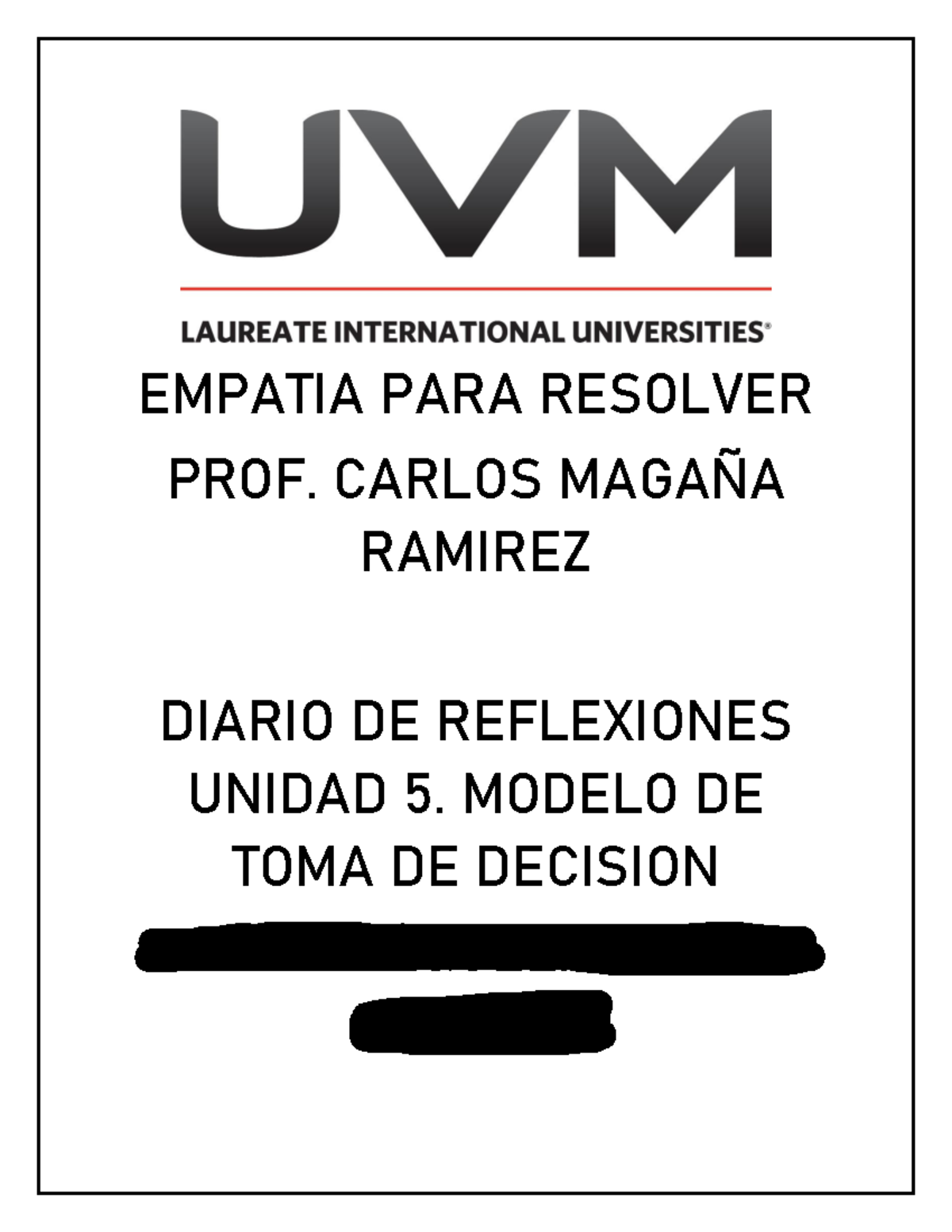 Diario DE Reflexiones Unidad 5. Modelo DE TOMA DE Decision - EMPATIA PARA RESOLVER PROF. CARLOS ...