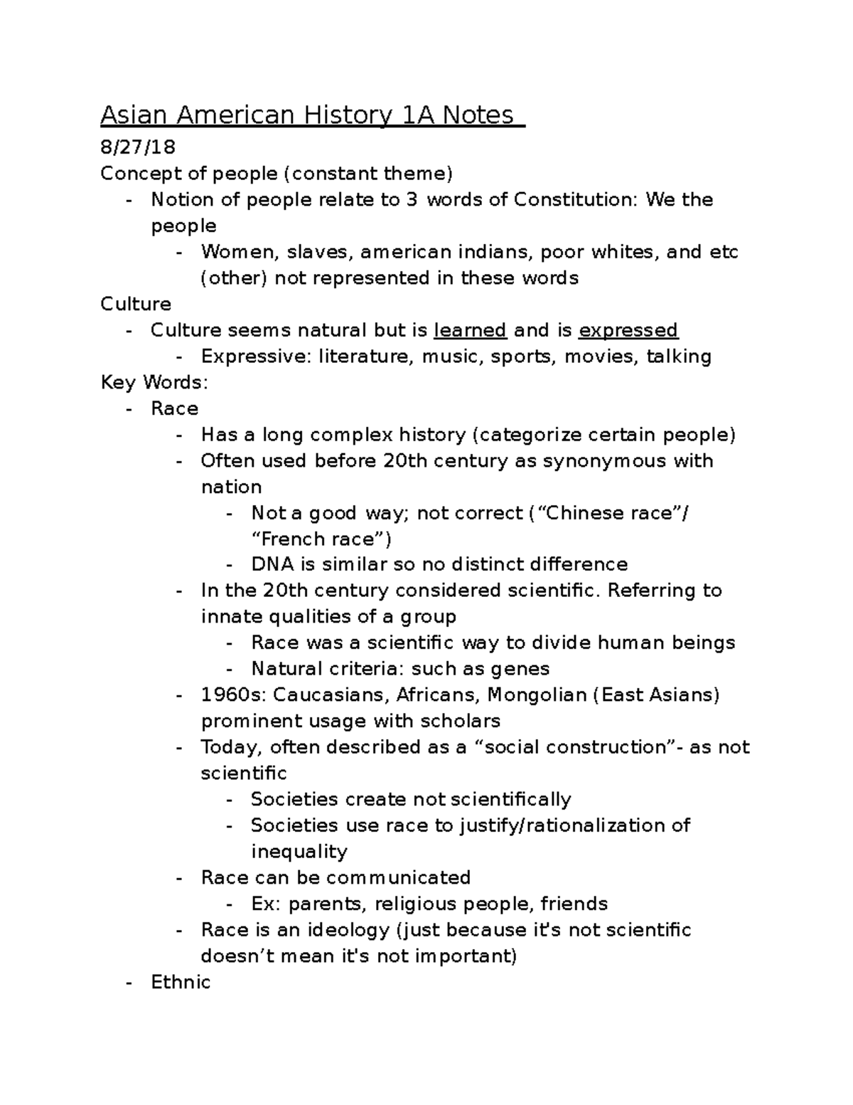 AAS Notes - Prof Joel Franks - Asian American History 1A Notes 8/27/18 ...