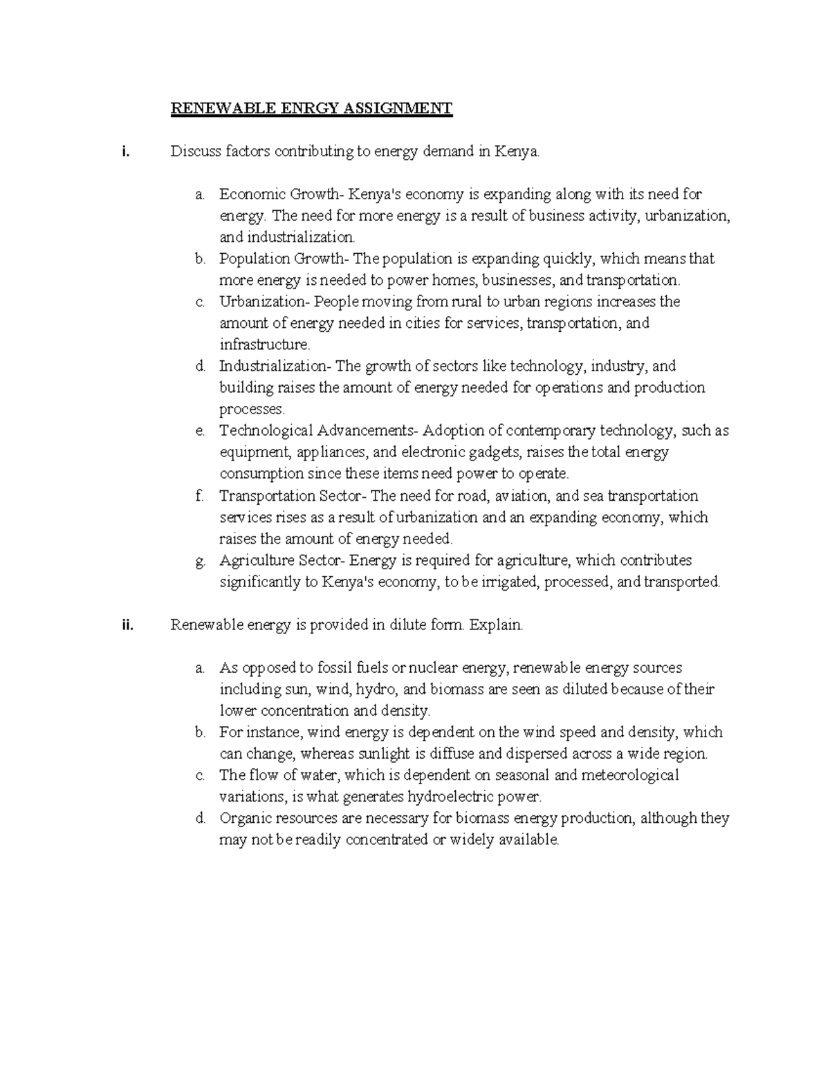 Renewable Enrgy Assignment - RENEWABLE ENRGY ASSIGNMENT i. Discuss ...