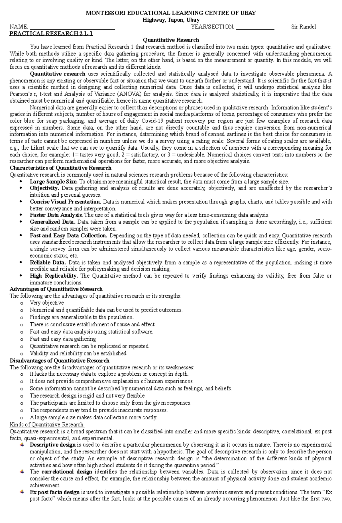 Module 1 - NOTES - MONTESSORI EDUCATIONAL LEARNING CENTRE OF UBAY ...