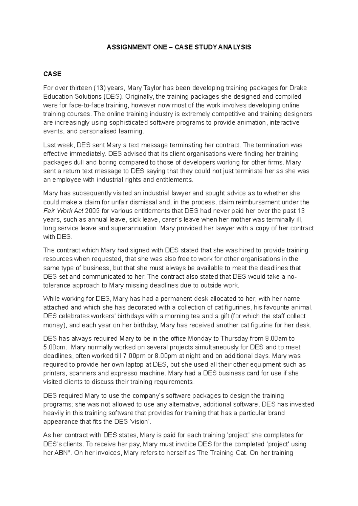 Assignment 1 HR LAW CASE Study (1) - ASSIGNMENT ONE – CASE STUDY ...