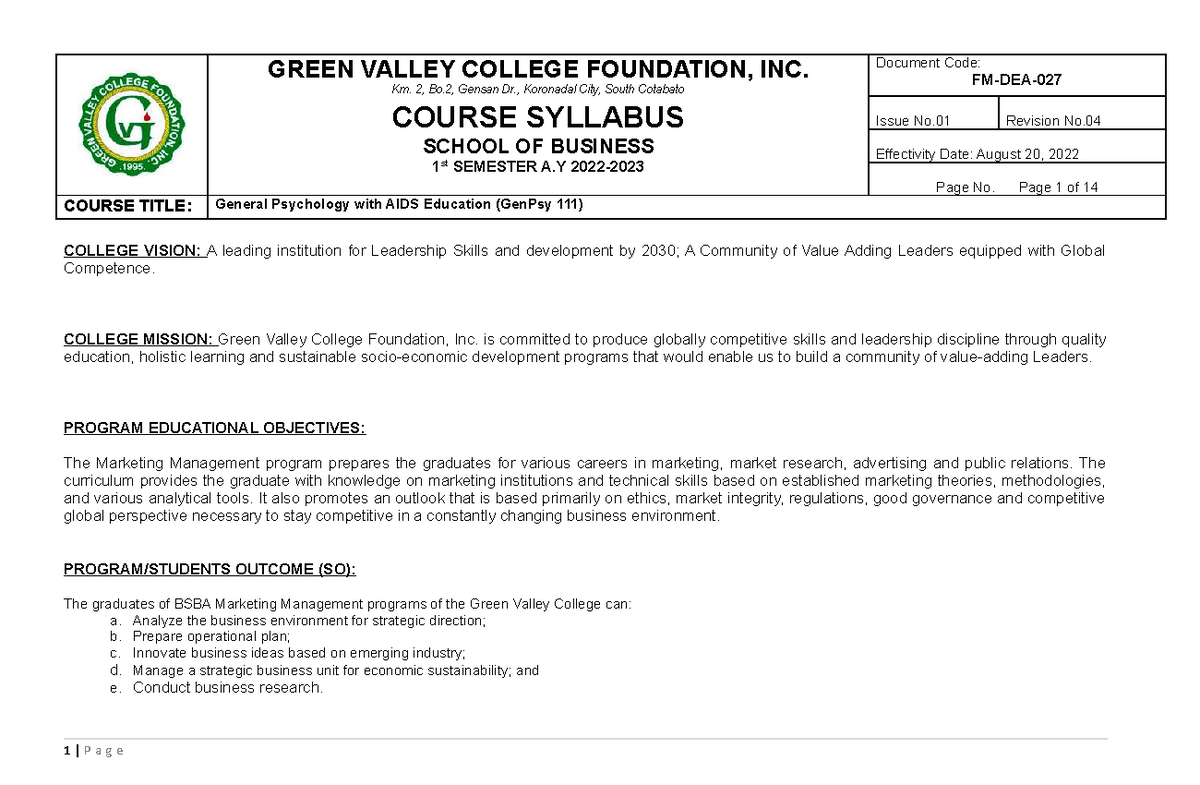 Syllabus Gen Psy 111 - GENERAL PSYCHOLOGY - GREEN VALLEY COLLEGE ...