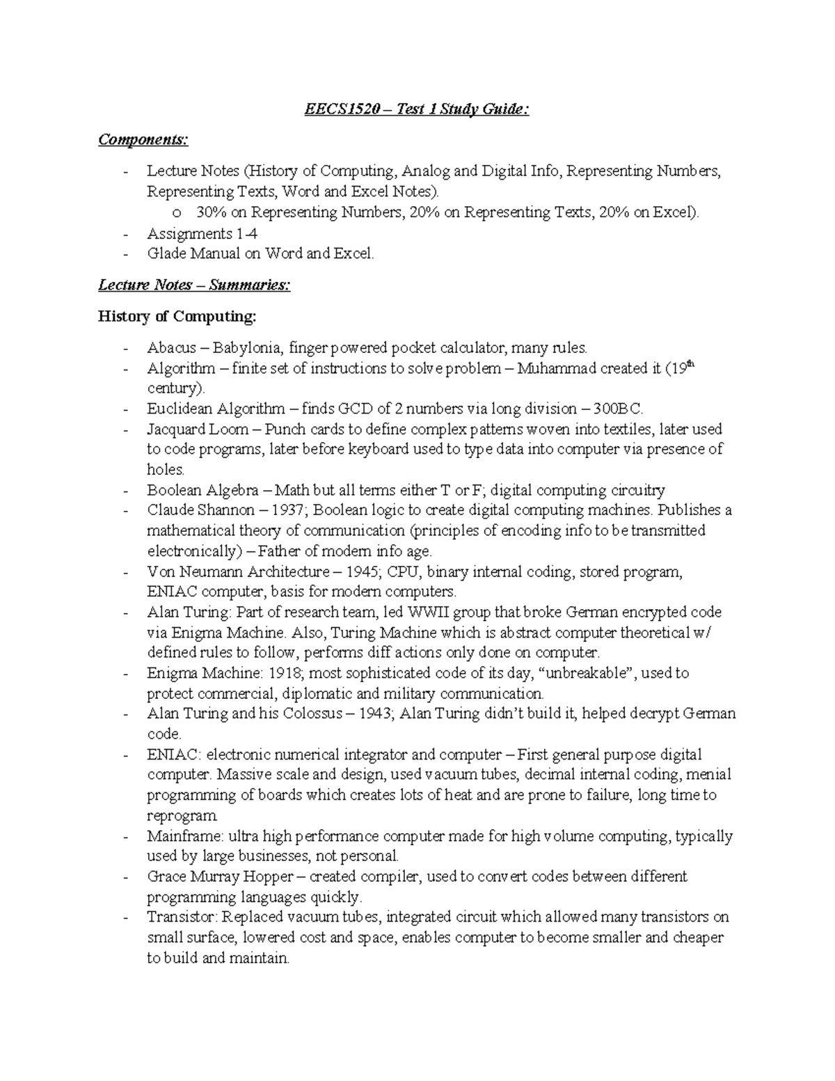 EECS1520 - Test 1 Study Guide - EECS1520 – Test 1 Study Guide ...