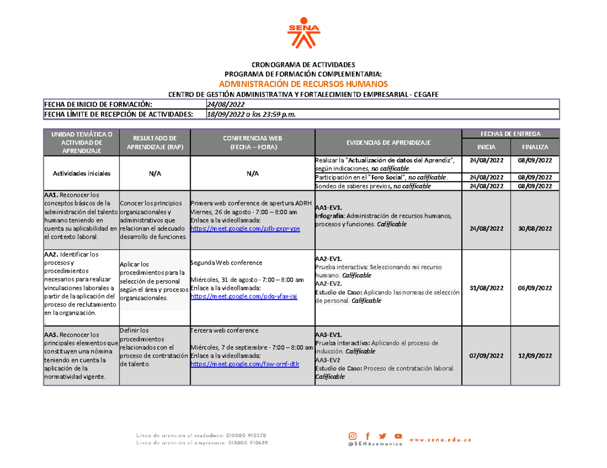 Cronograma ADRH - RESUMEN - CRONOGRAMA DE ACTIVIDADES PROGRAMA DE FORMACI”N COMPLEMENTARIA ...