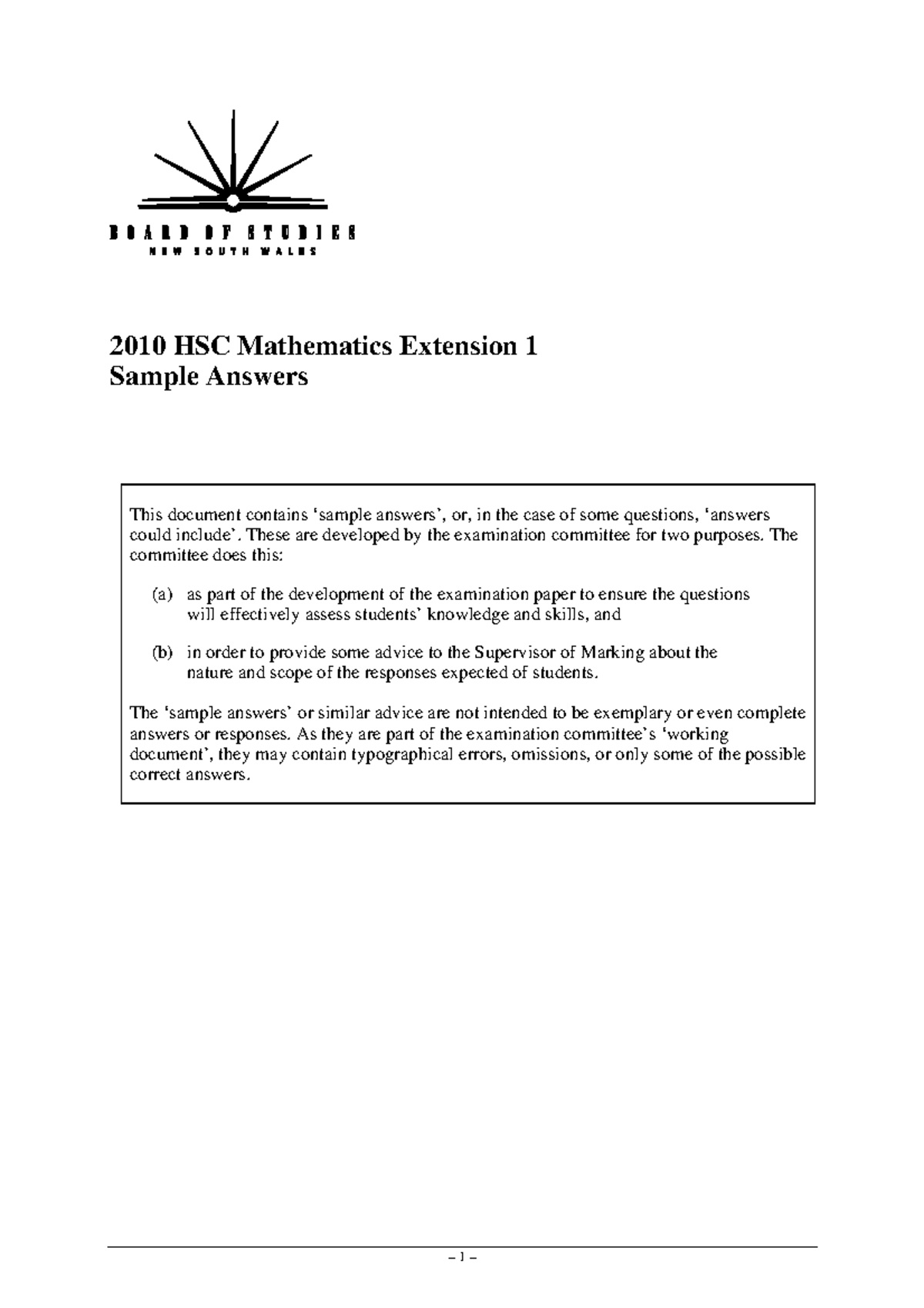 Maths Ext 1 2010 HSC - Sample Answers - 2010 HSC Mathematics Extension 1 Sample Answers This ...