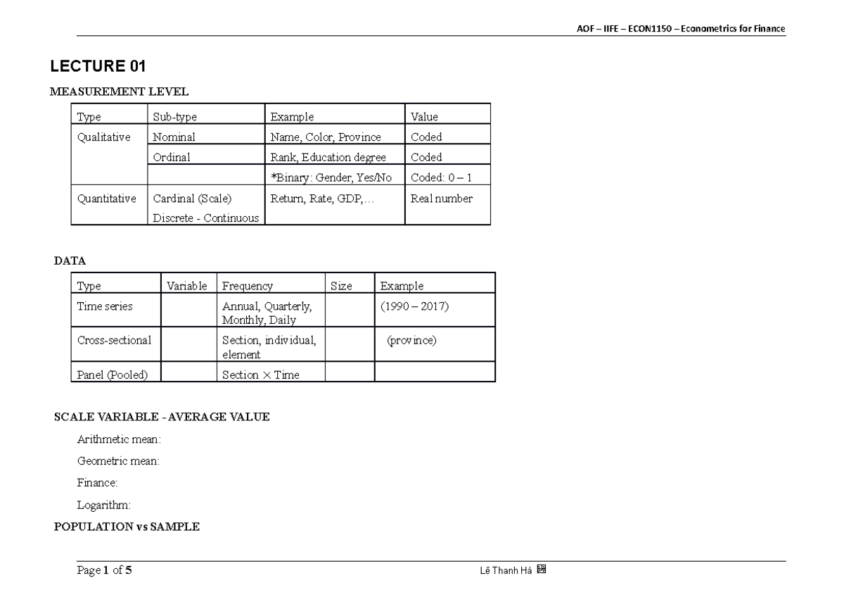 ECON1150 Lec 01 - aaaaaaaaaaaaaaa - LECTURE 01 MEASUREMENT LEVEL Type Sub-type Example Value ...