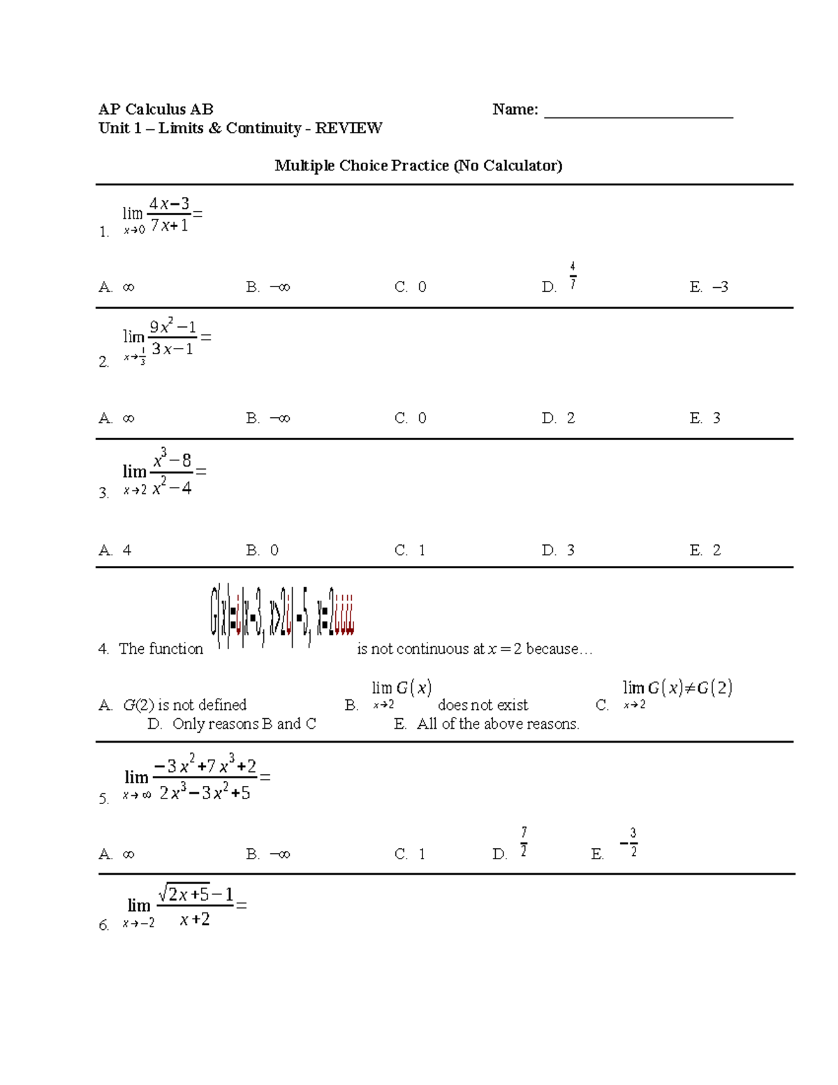 Unit 1 - review - AP Calculus AB Name: _______________________ Unit 1 ...