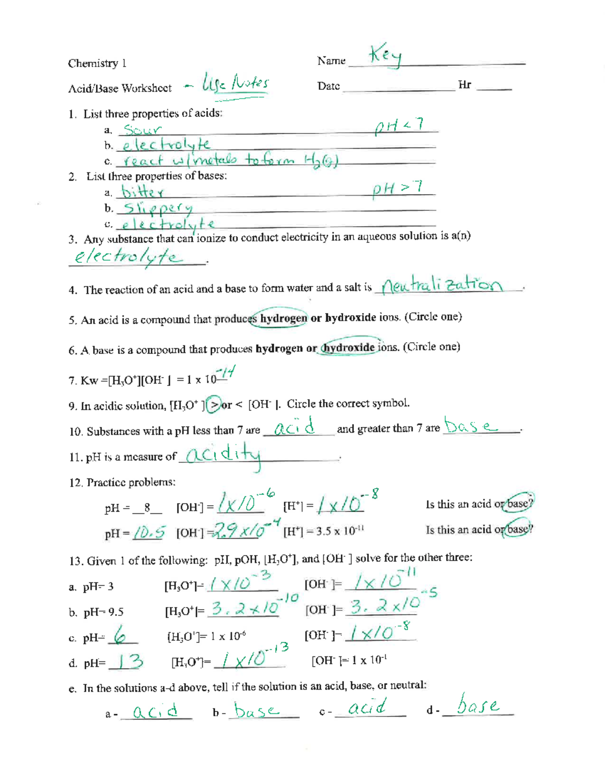 Acid Base Worksheet KEY - Studocu