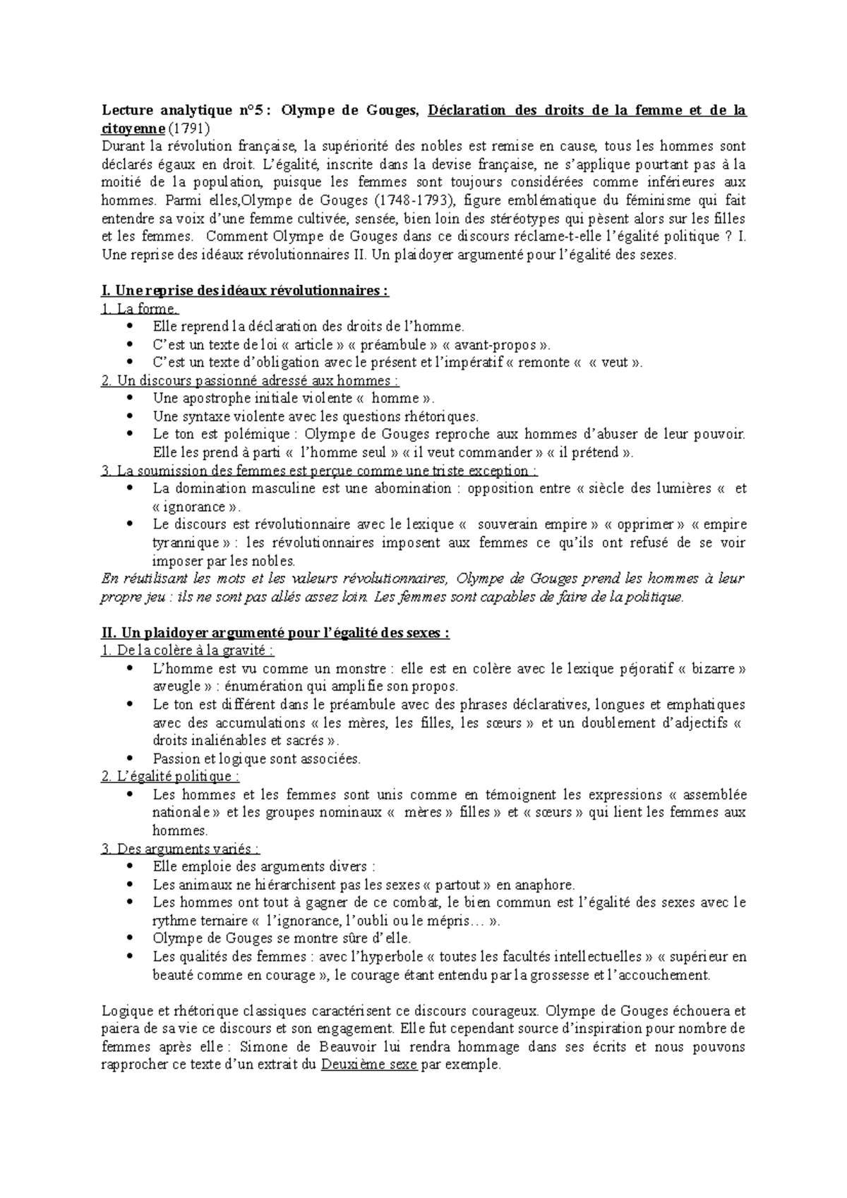 Lecture analytique 5 de Olympe de Gouges le préambule - Lecture ...