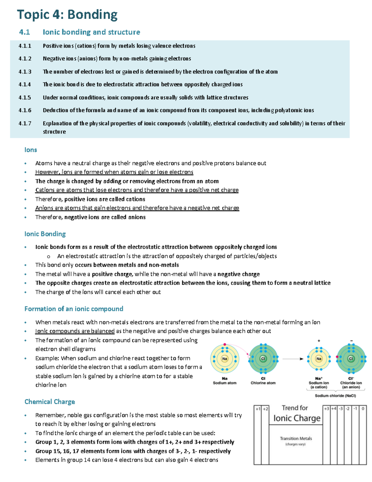 Topic 4 - chem notes - Topic 4: Bonding 4 Ionic bonding and structure 4 ...