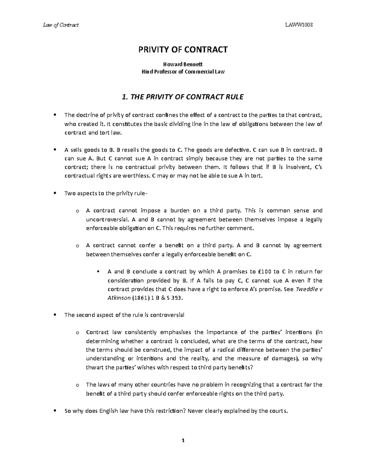 15 Privity 2019-2020 - PRIVITY OF CONTRACT Howard Bennett Hind ...