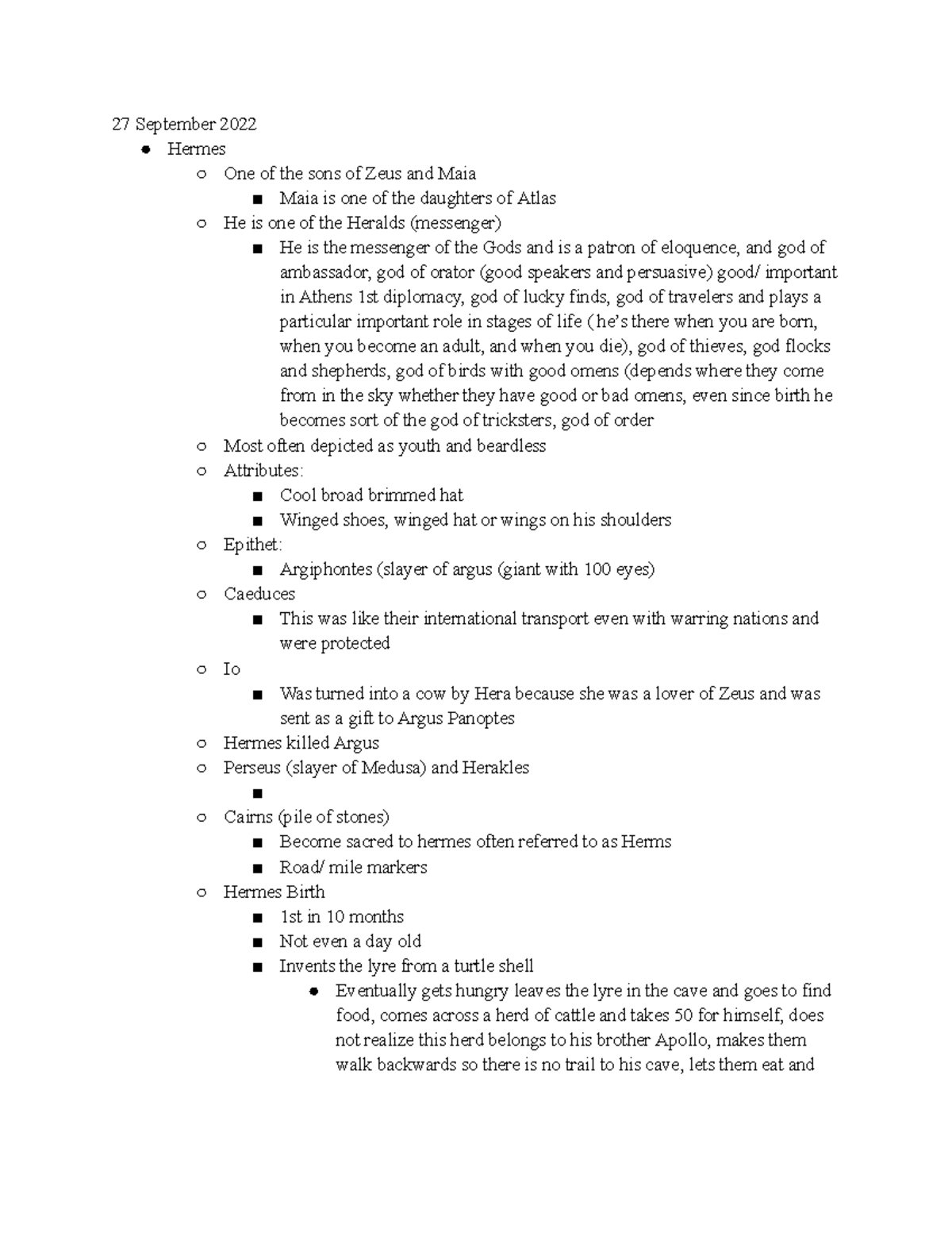 Greek Mythology Notes 10-2 - 27 September 2022 Hermes One of the sons ...
