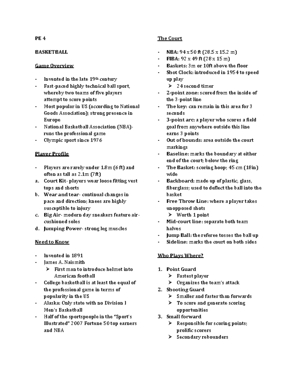 Physical Activity Basketball Notes for PE Review - PE 4 BASKETBALL Game ...