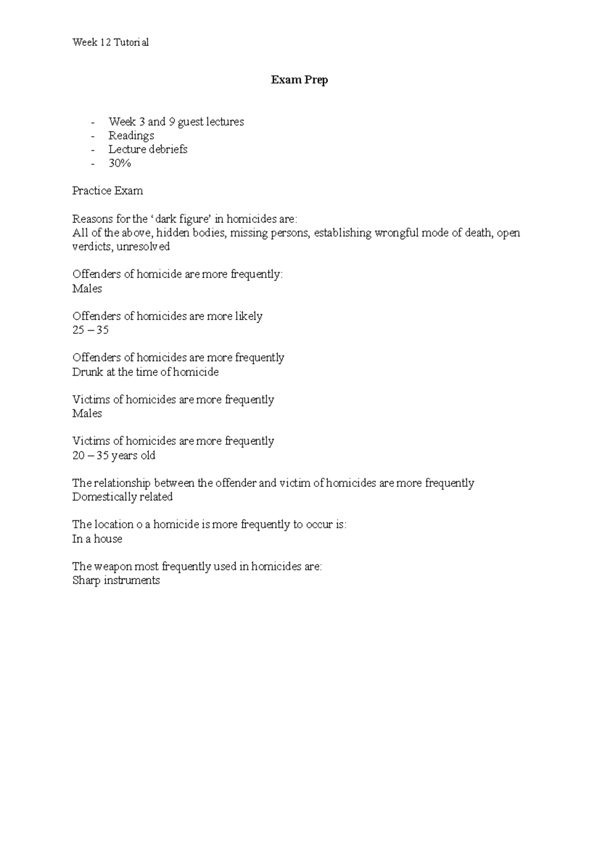 Week 12 - Tutorial Notes - Week 12 Tutorial Exam Prep Week 3 and 9 ...